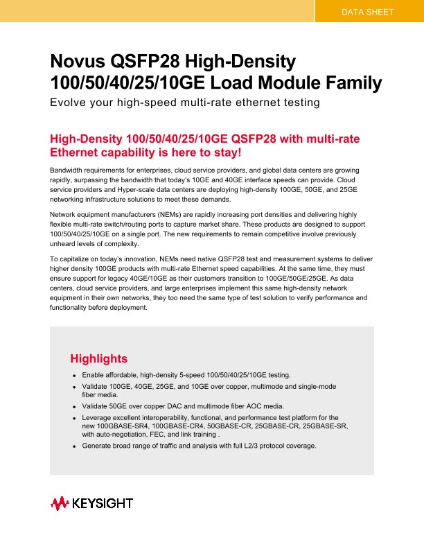 Novus QSFP28 High-Density 100/50/40/25/10GE Load Module Family PDF Asset Page | Keysight